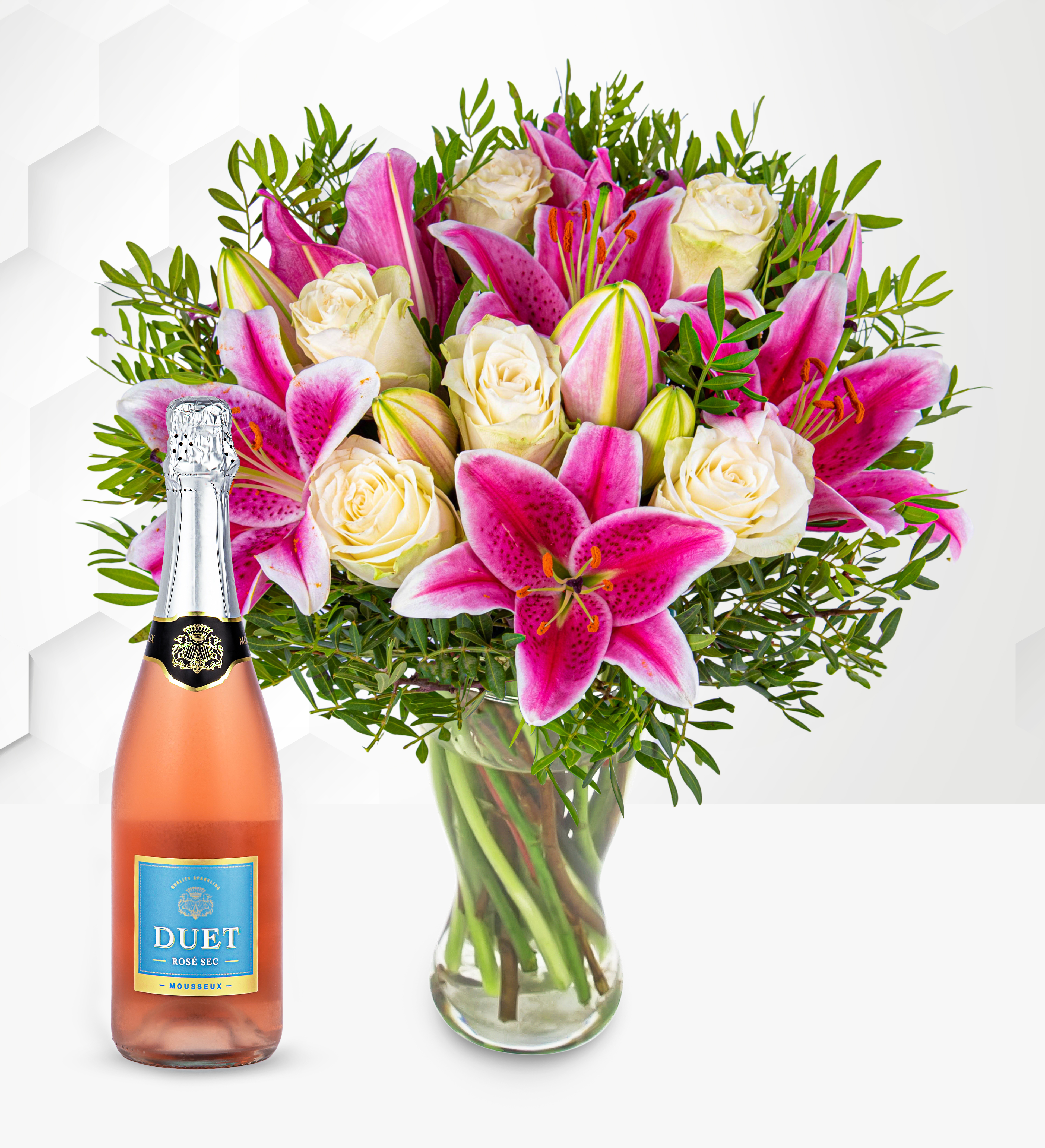 Pink Lilies Roses With Fizz | Flowers WIth Fizz | Prestige Flowers