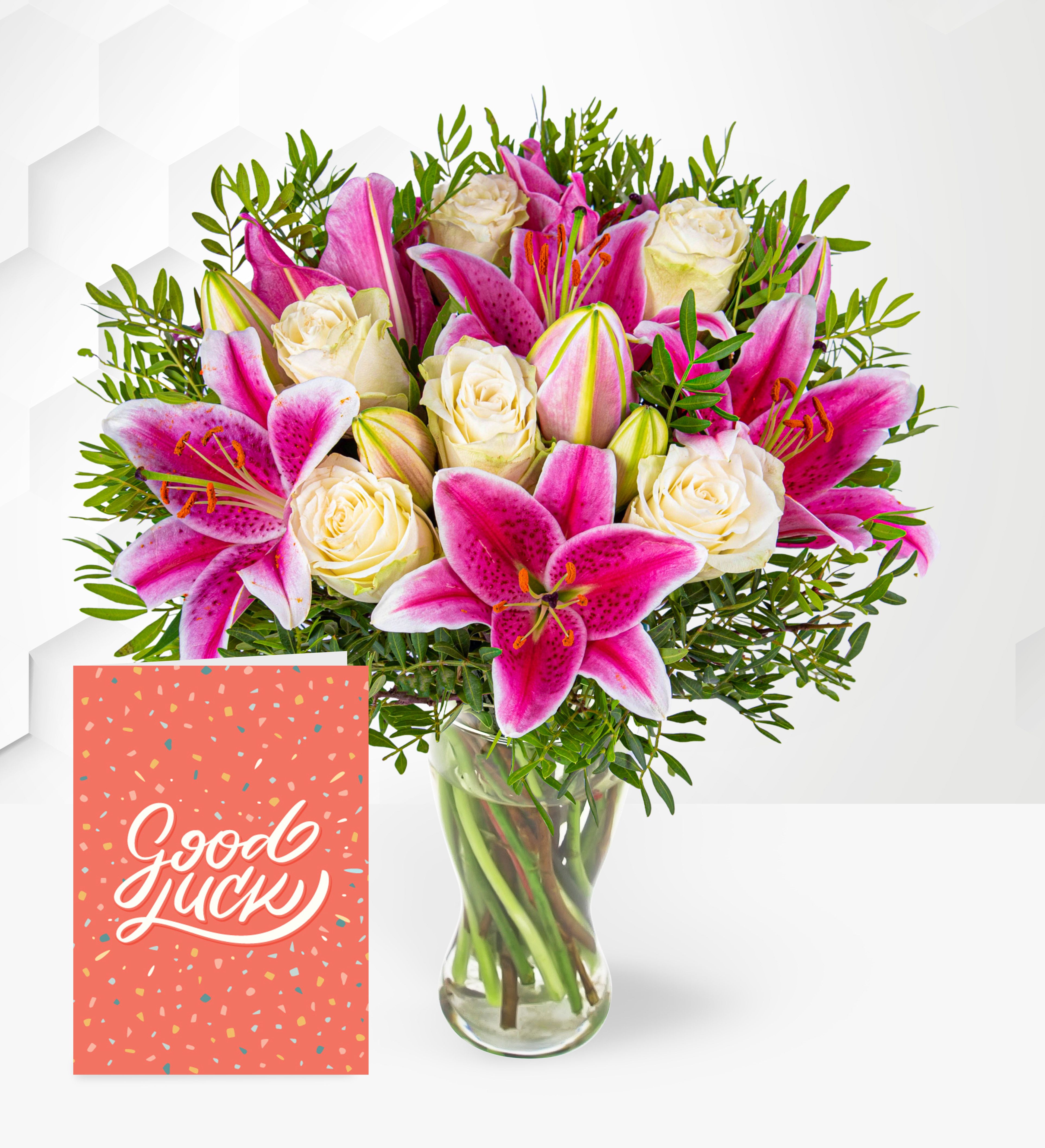 Pink Lily & Rose & Good Luck Card | Prestige Flowers