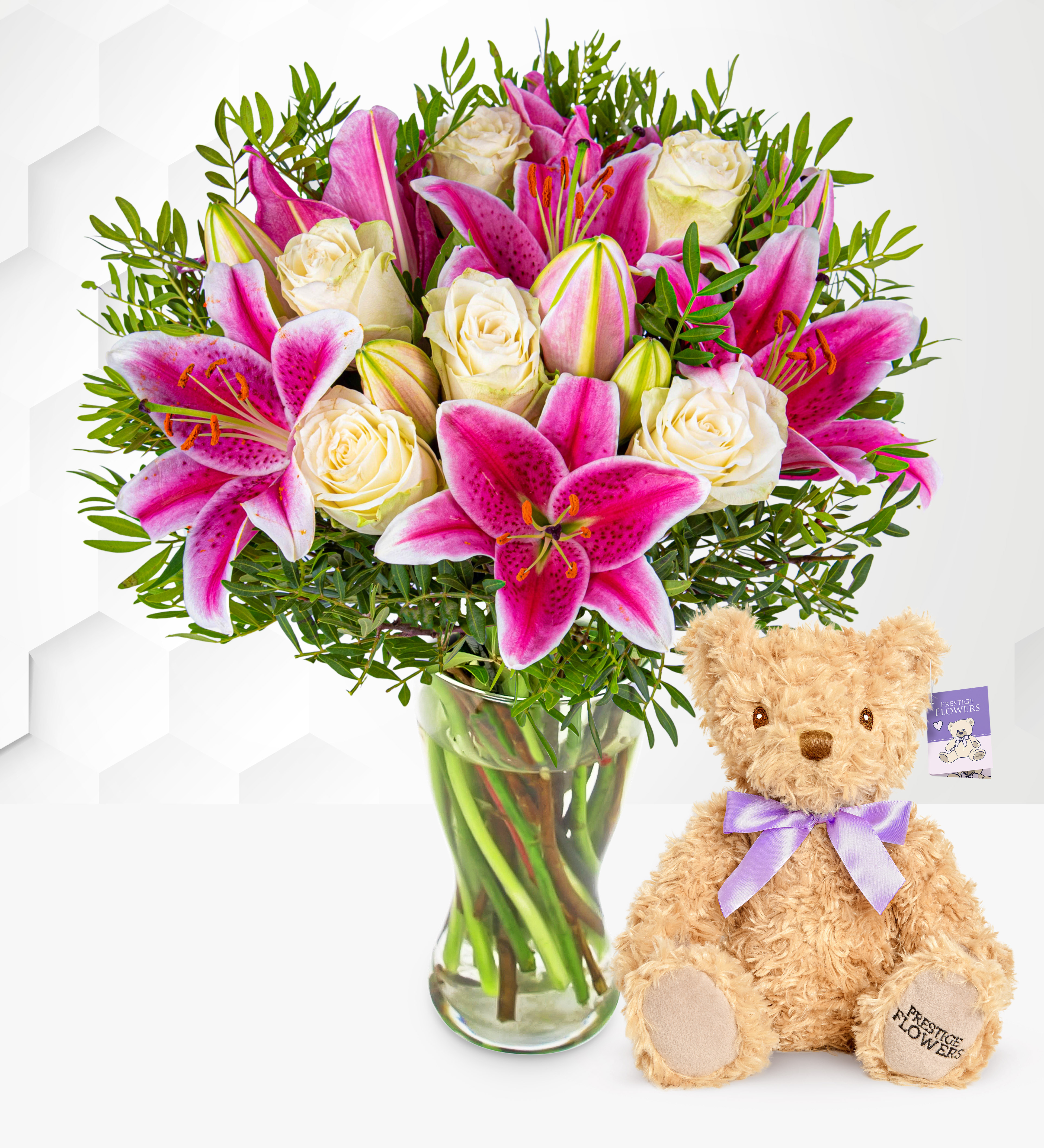 Pink Lilies & Roses With Teddy Bear | Prestige Flowers