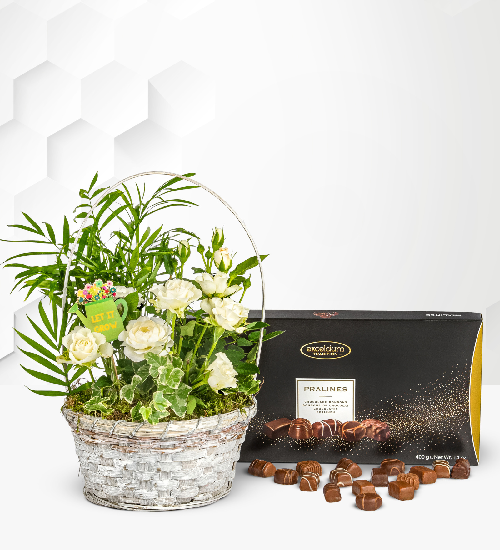Ivory Rose Basket & Chocs | Prestige Flowers