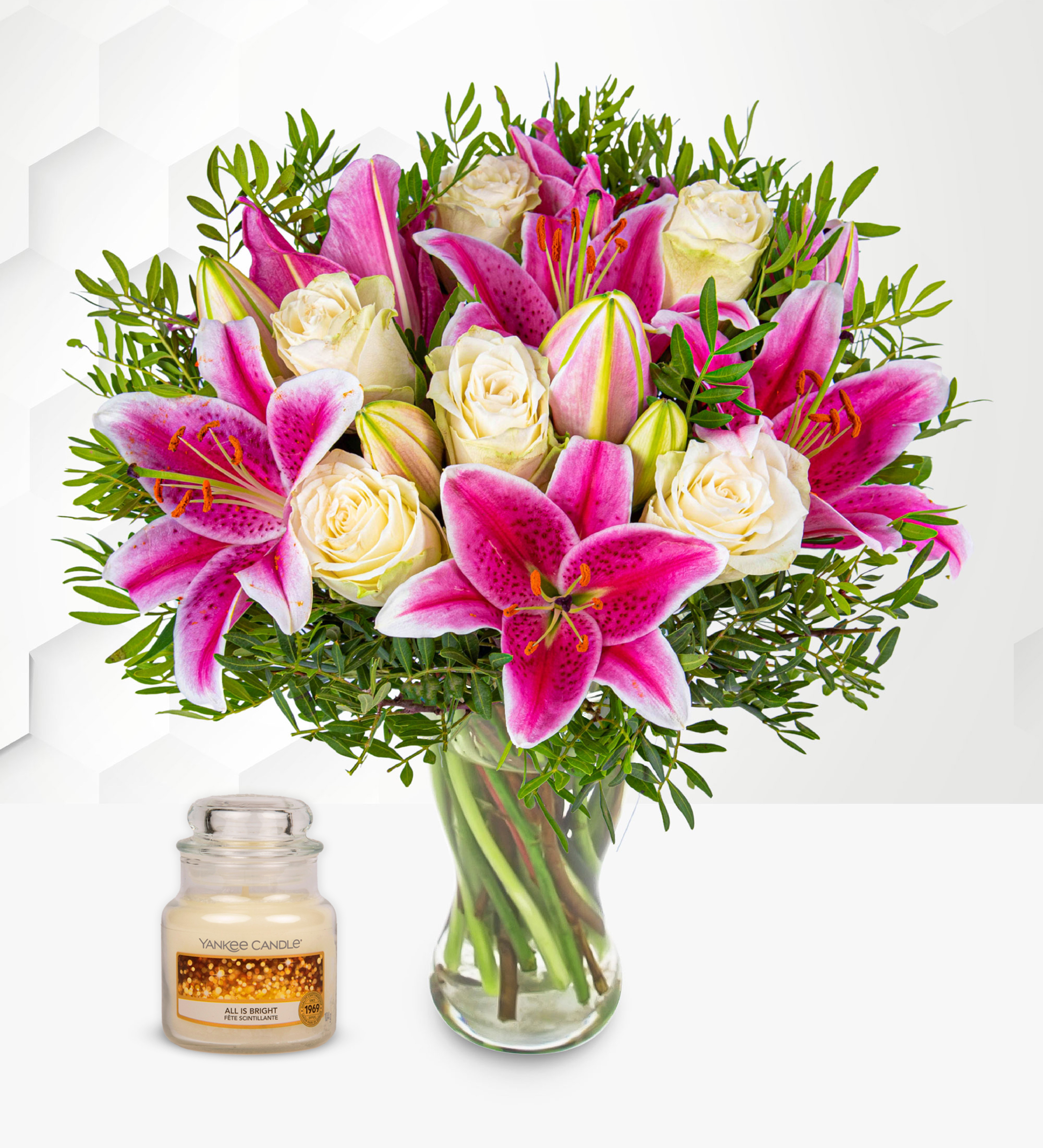 Festive Pink Lilies & Roses with Candle | Prestige Flowers