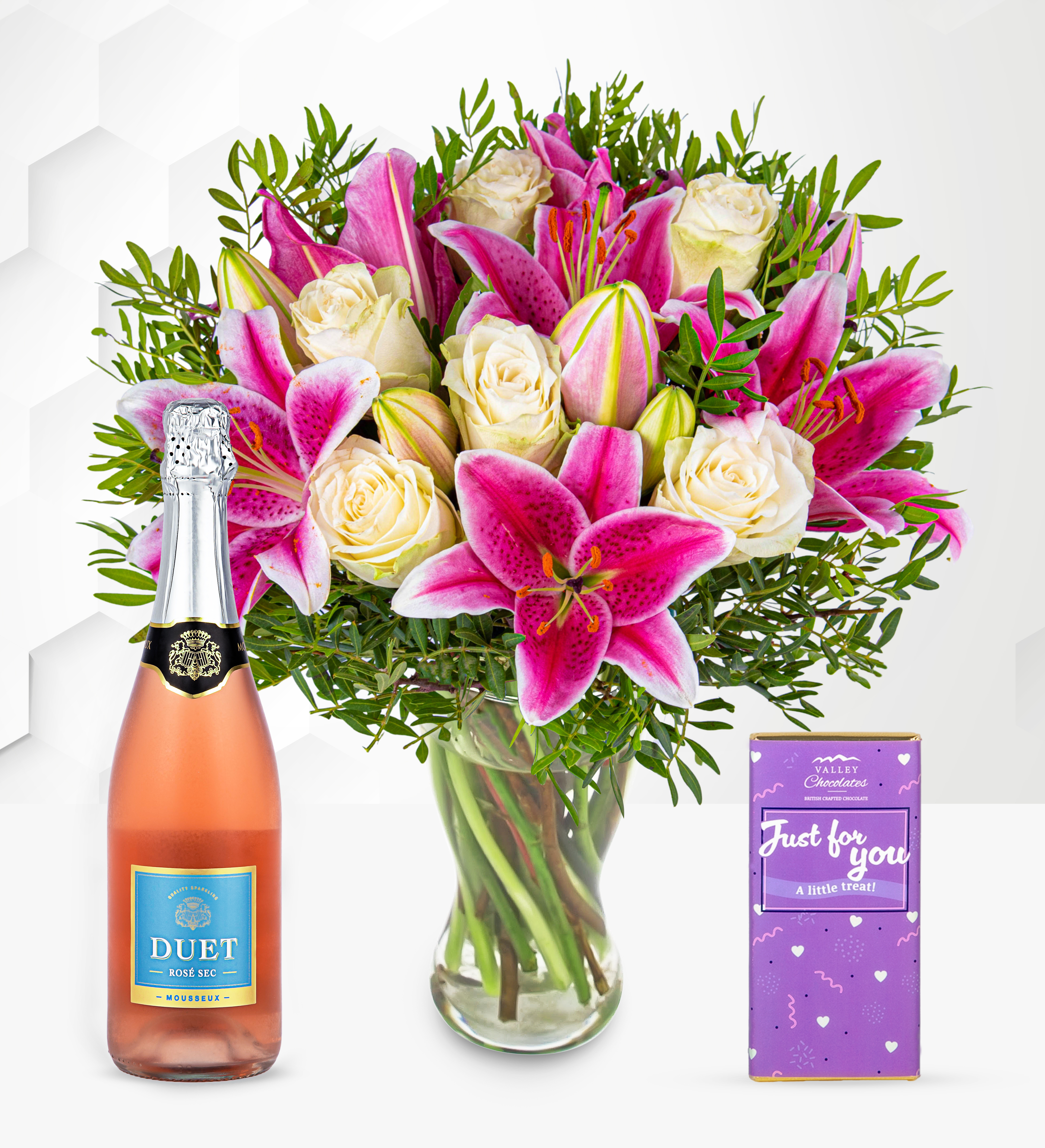 Pink Lilies & Roses with Fizz & Choc Bar | Prestige Flowers