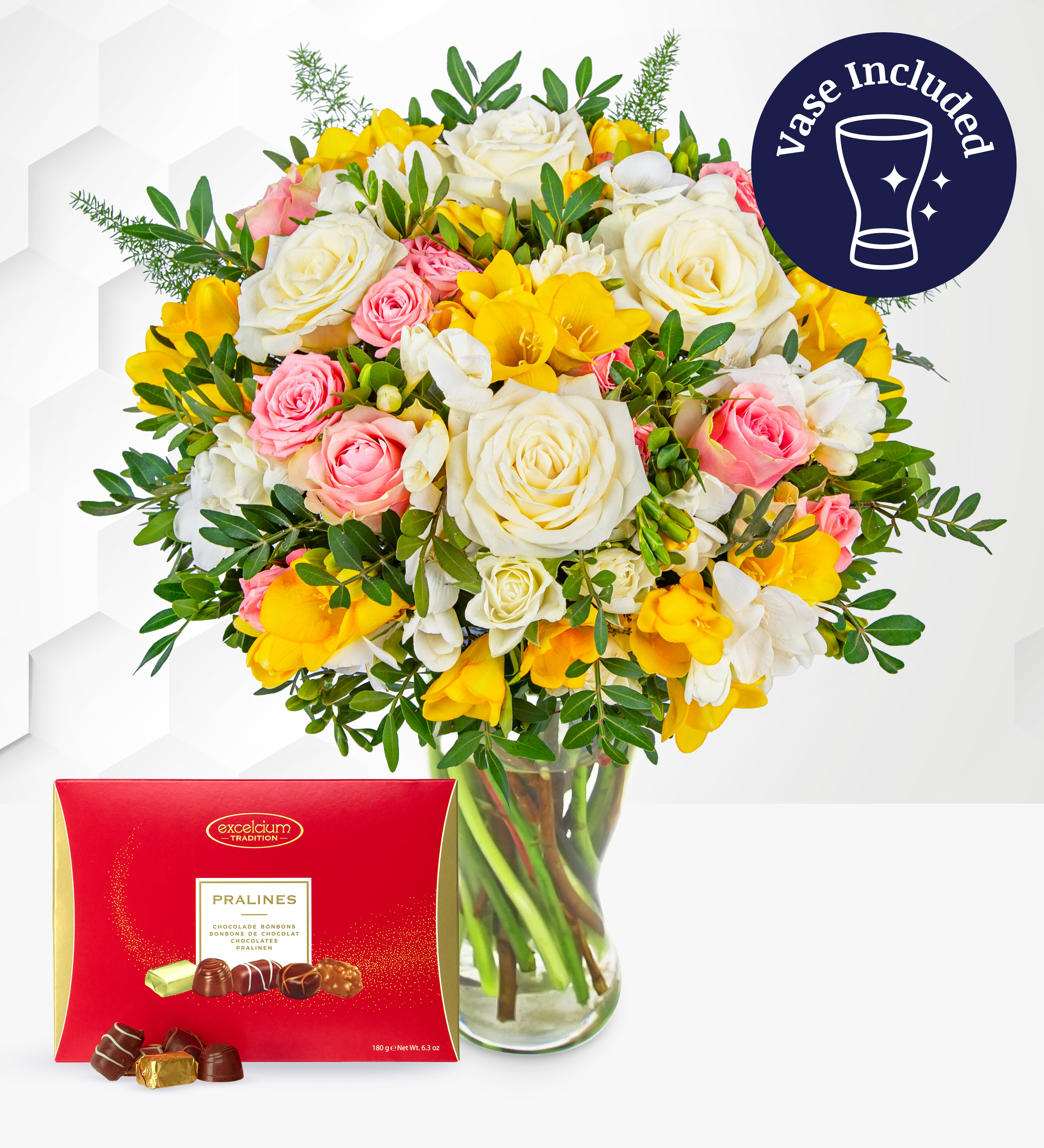 Rose and Freesia with Chocs & Vase | Prestige Flowers